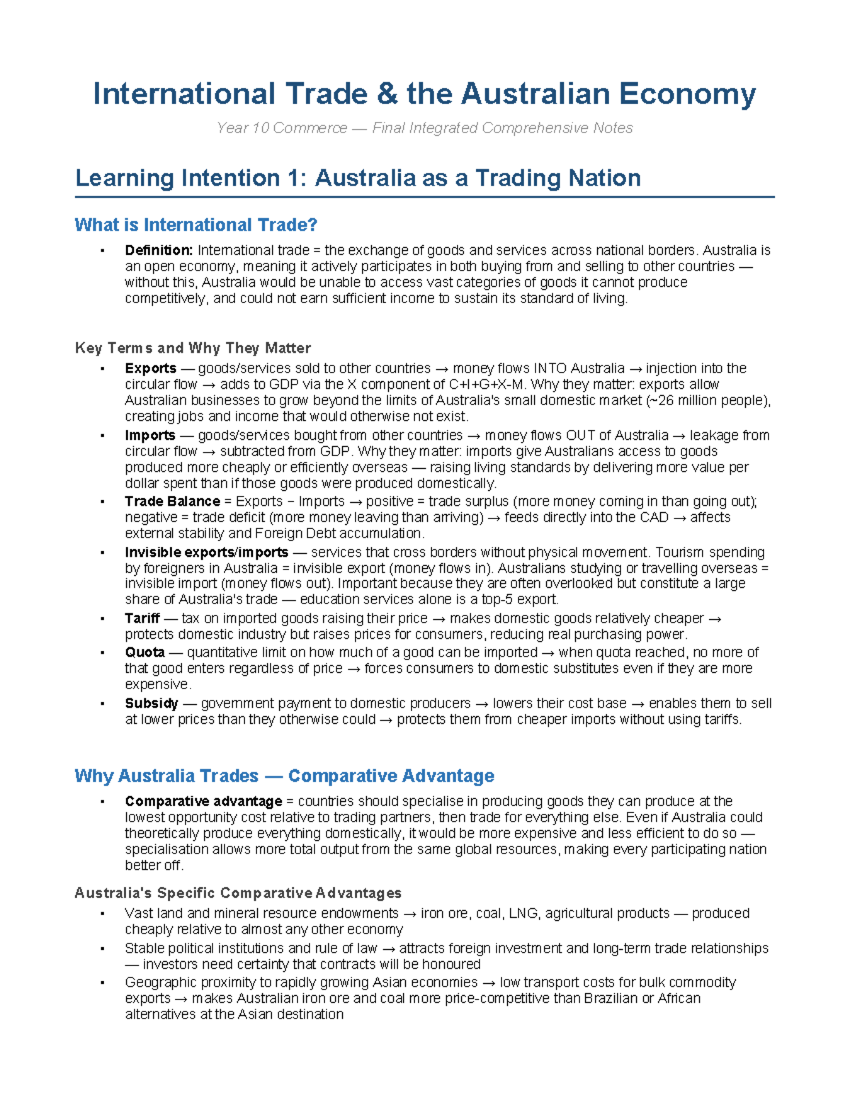 Year 10 Commerce: International Trade & the Australian Economy Final ...