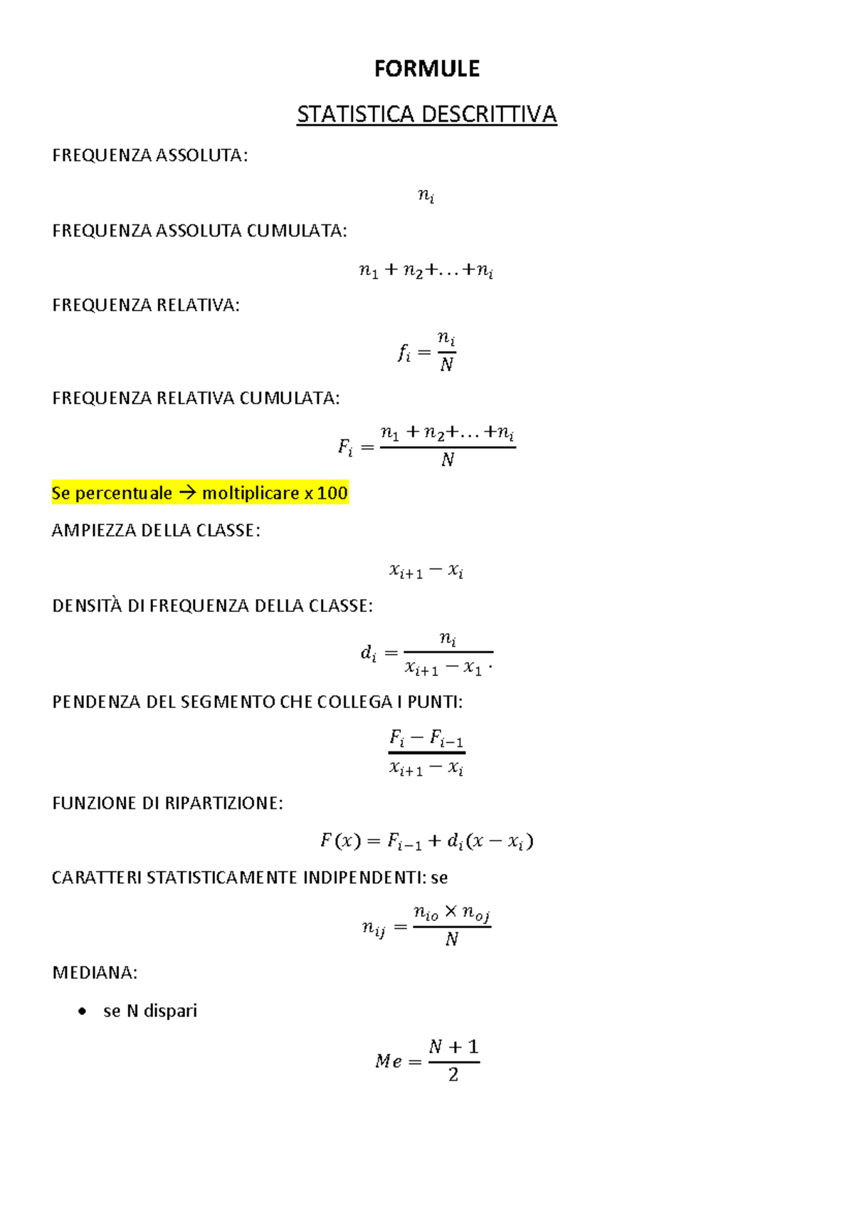 Formulario Statistica Descrittiva, probabilità e inferenza statistica ...