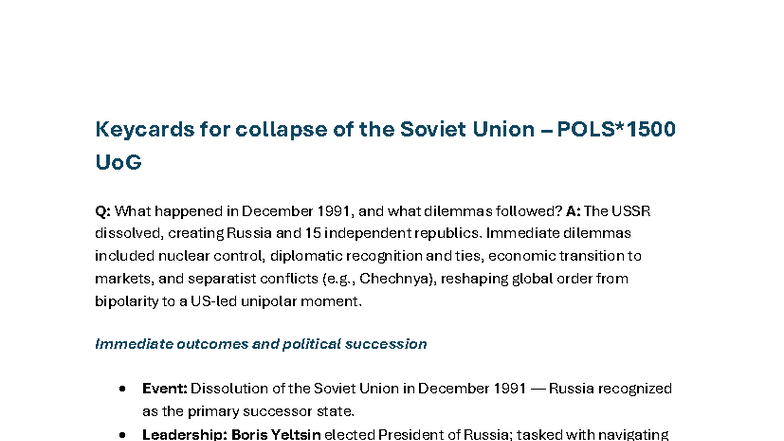 Collapse of the Soviet Union Flashcards POLS 1500 UoG - Studocu