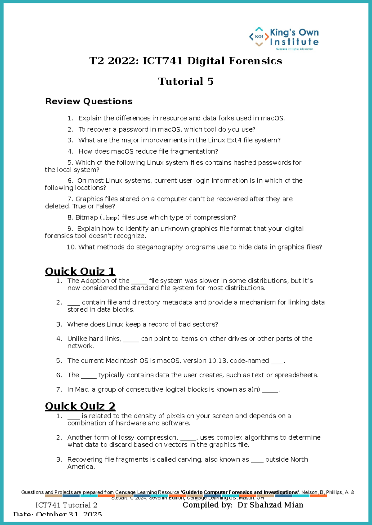 ICT741 Digital Forensics Tutorial 5 Review Questions & Quick Quizzes ...