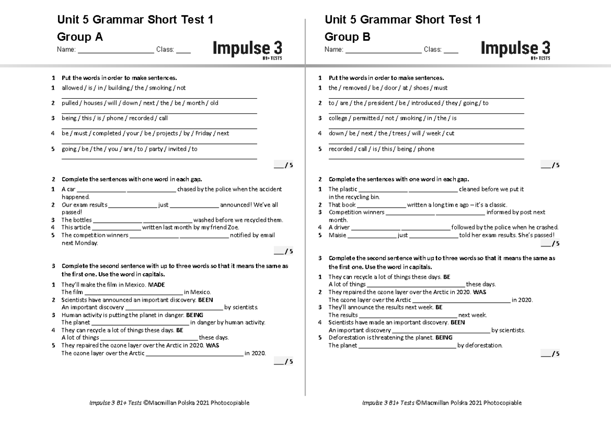Unit 5 Grammar Short Test 1: Group A & B - Studocu