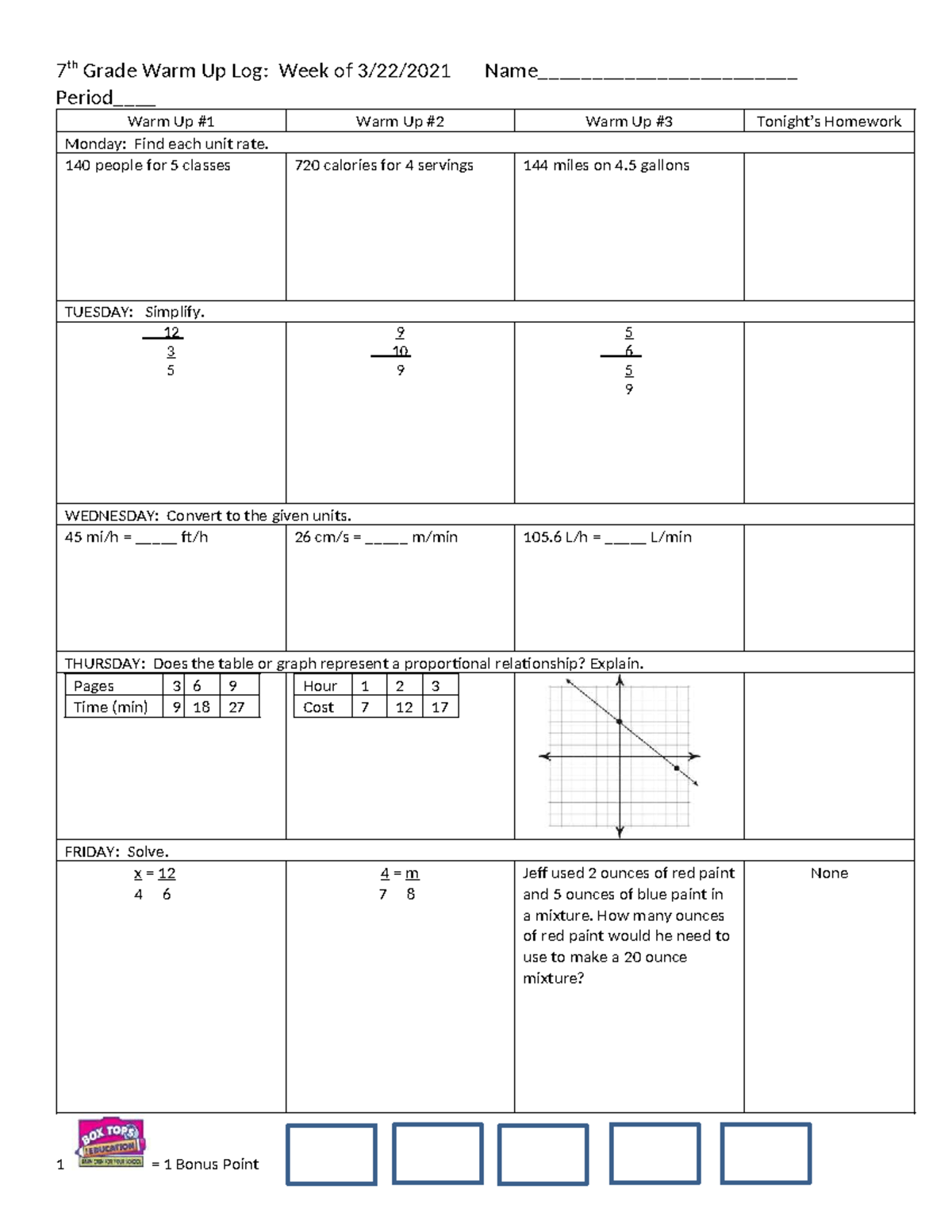 7th Grade Math Warm Up Log: Week of 3-22 - Studocu