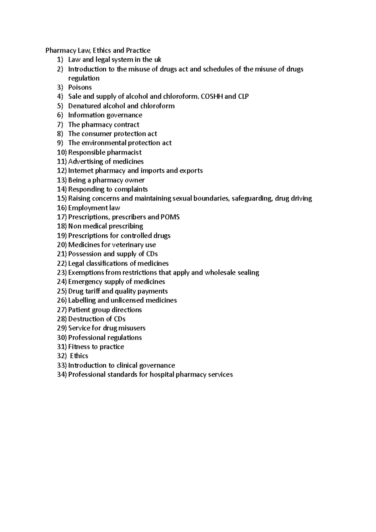 Revision list - Pharmacy Law, Ethics and Practice 1) Law and legal ...