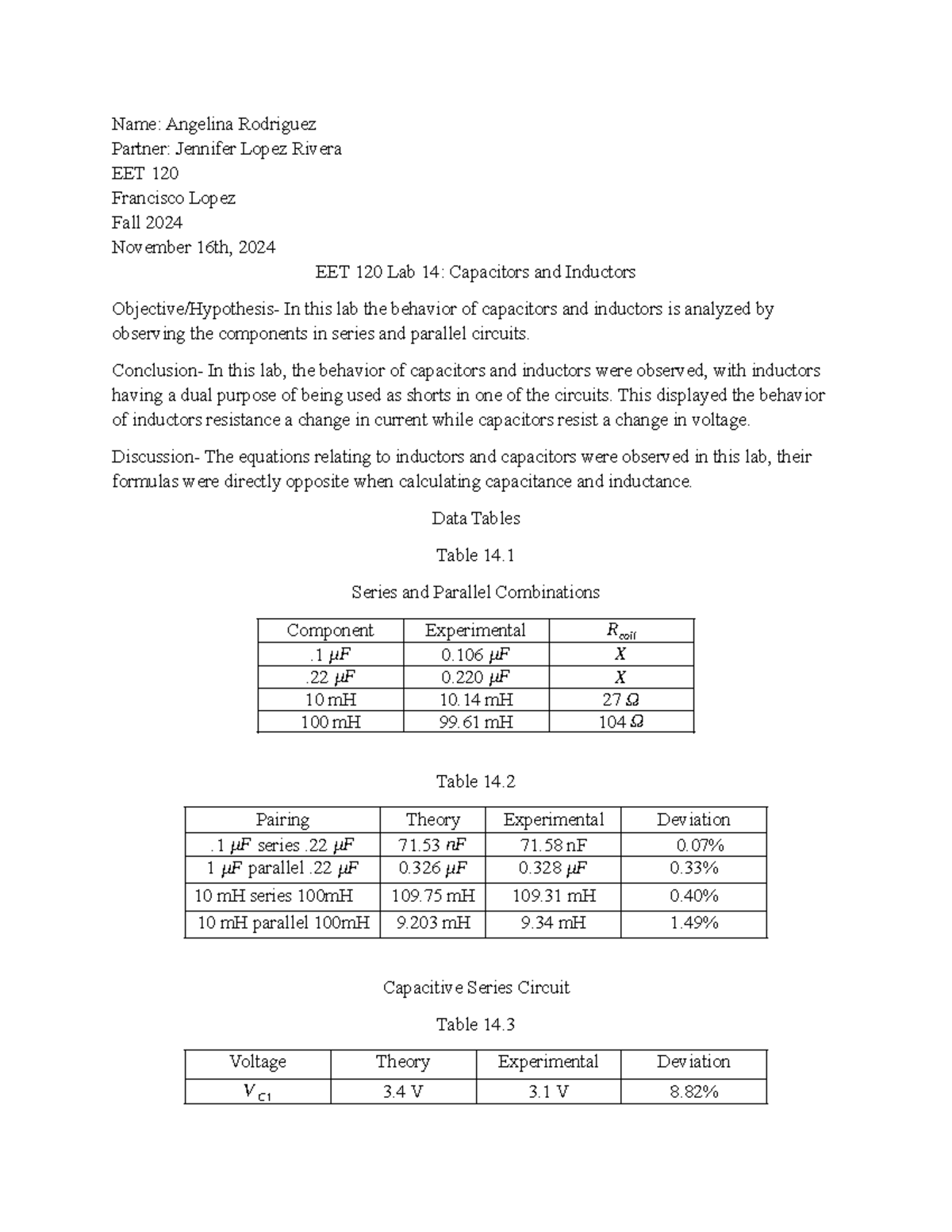 EET 120 Lab 14: Analyzing Capacitors and Inductors Behavior - Studocu