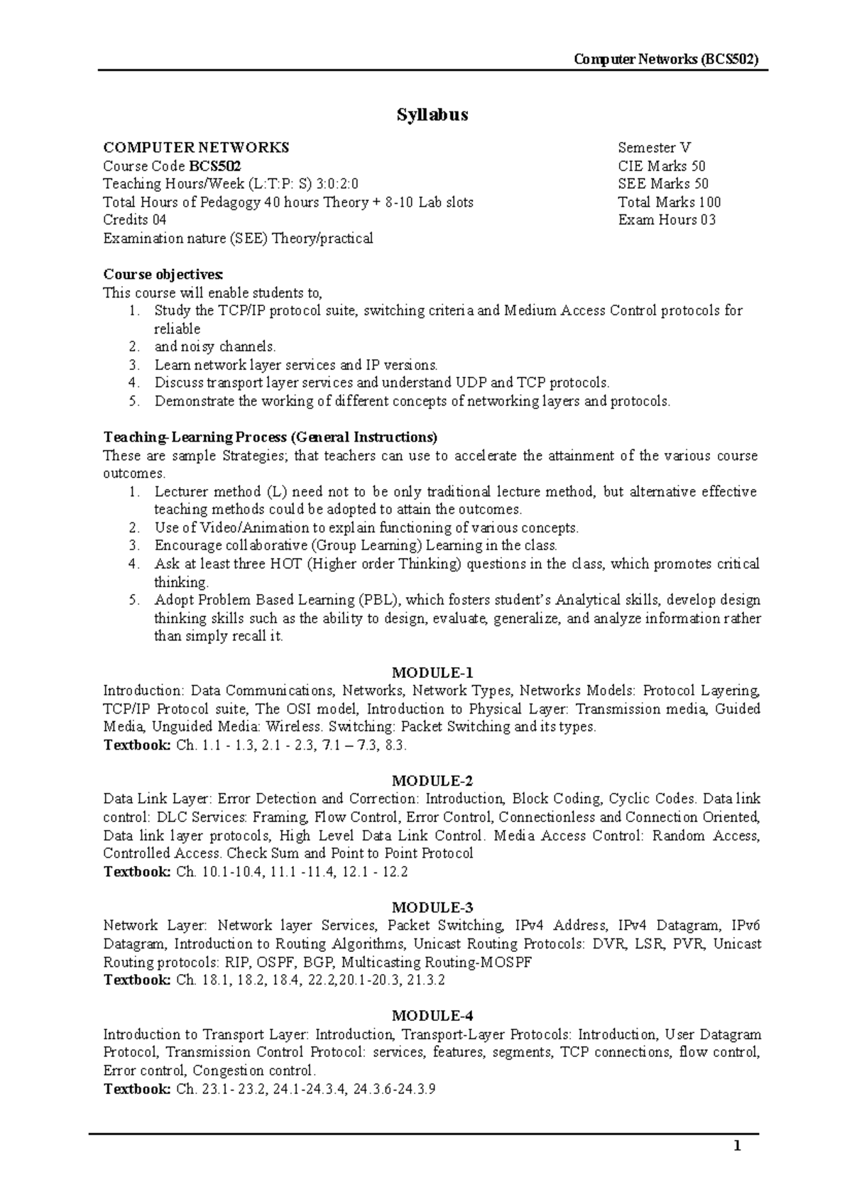 Computer Networks (BCS502) Syllabus and Course Overview - Studocu