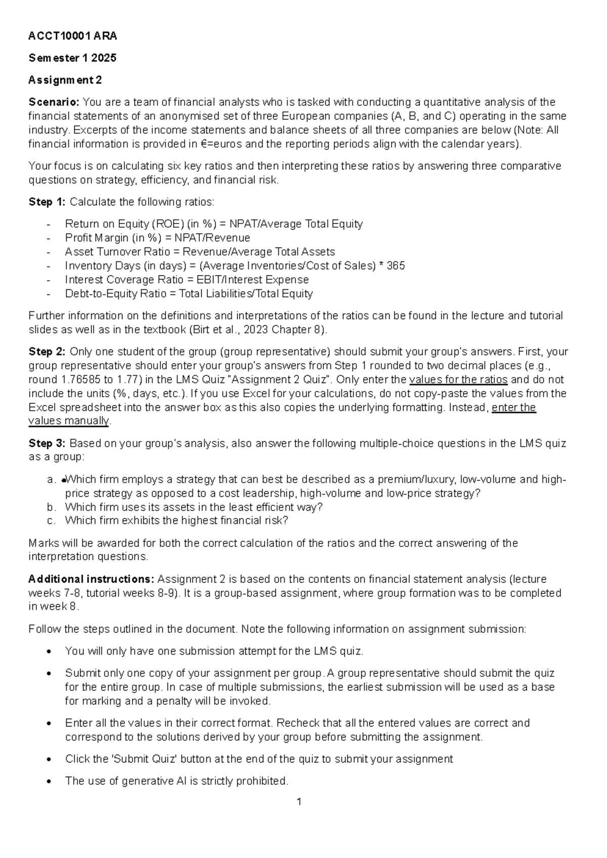 ARA 2025 Assignment 2: Financial Statement Analysis & Ratios - Studocu