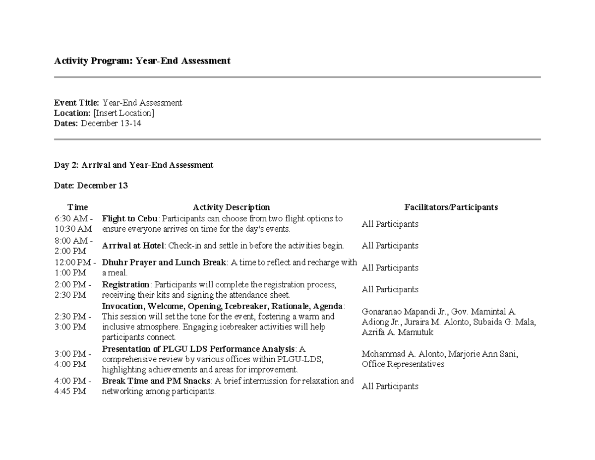 Activity Program - Year-End Assessment for December 2023 - Studocu