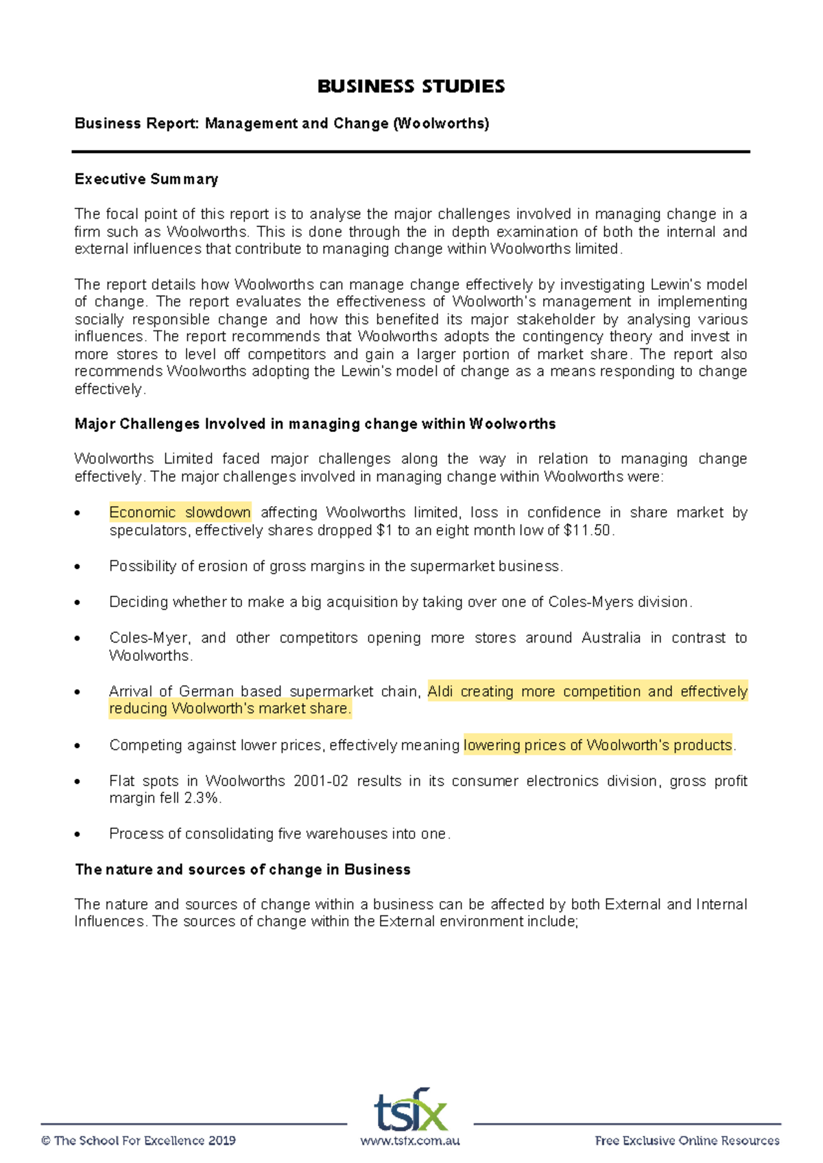 BUSS1020: Woolworths Business Report on Management & Change Strategies ...