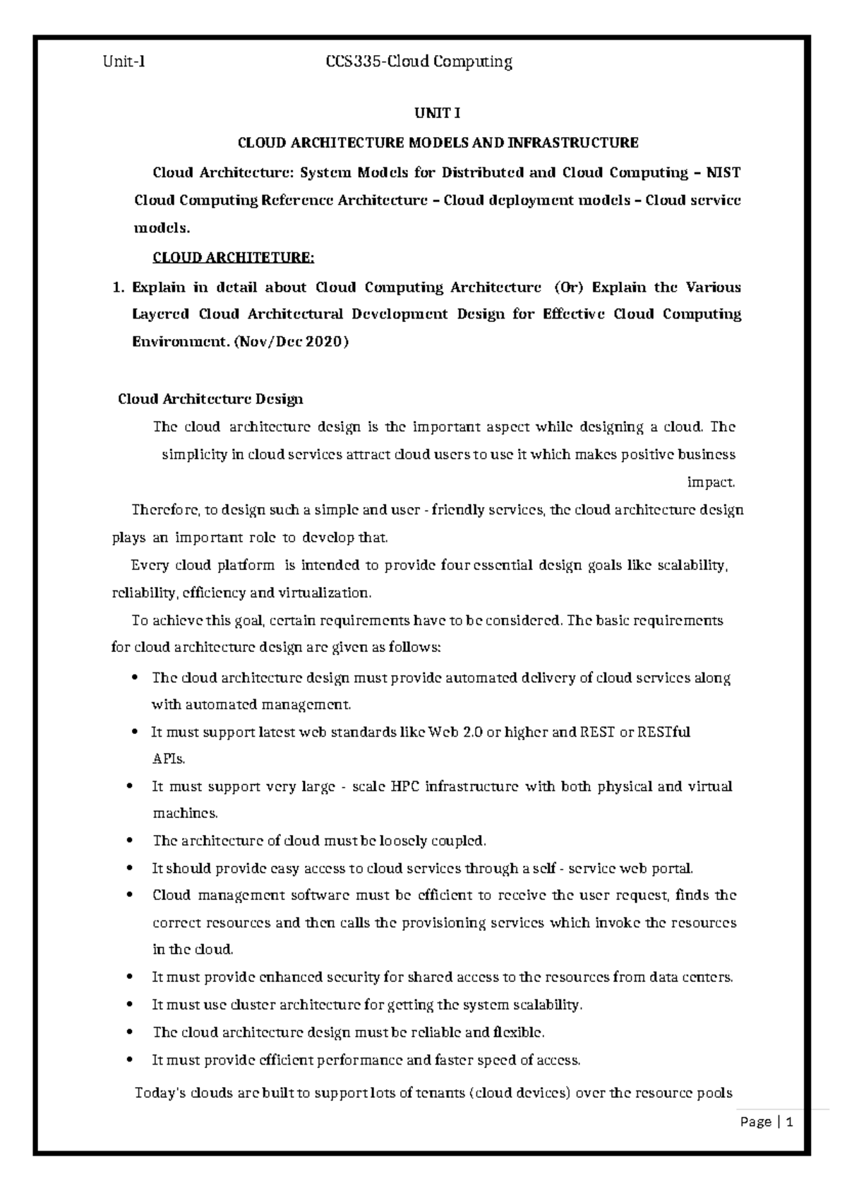 CC Unit-I: Cloud Architecture Models & Infrastructure Overview - Studocu