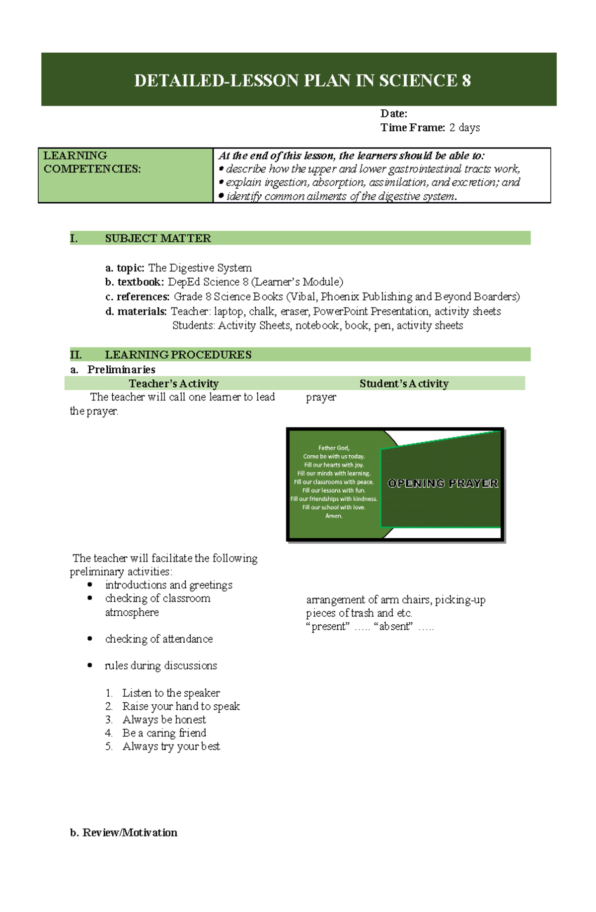 Detailed Lesson Plan for Science 8: The Digestive System - Studocu