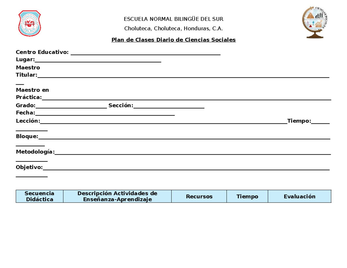 Formato Plan de Clases Diario - ESCUELA NORMAL BILINGÜE DEL SUR ...