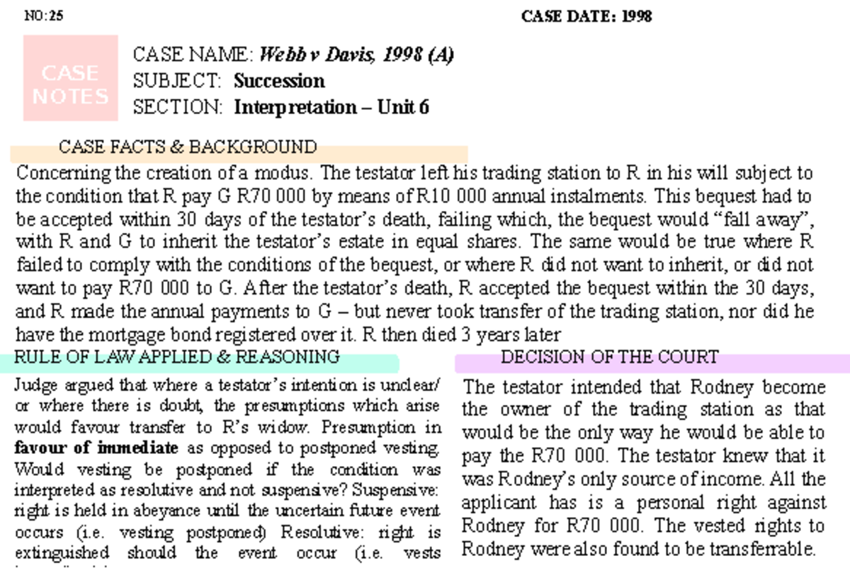 Webb v Davis Case Summary: Succession Interpretation (Unit 6) Notes ...