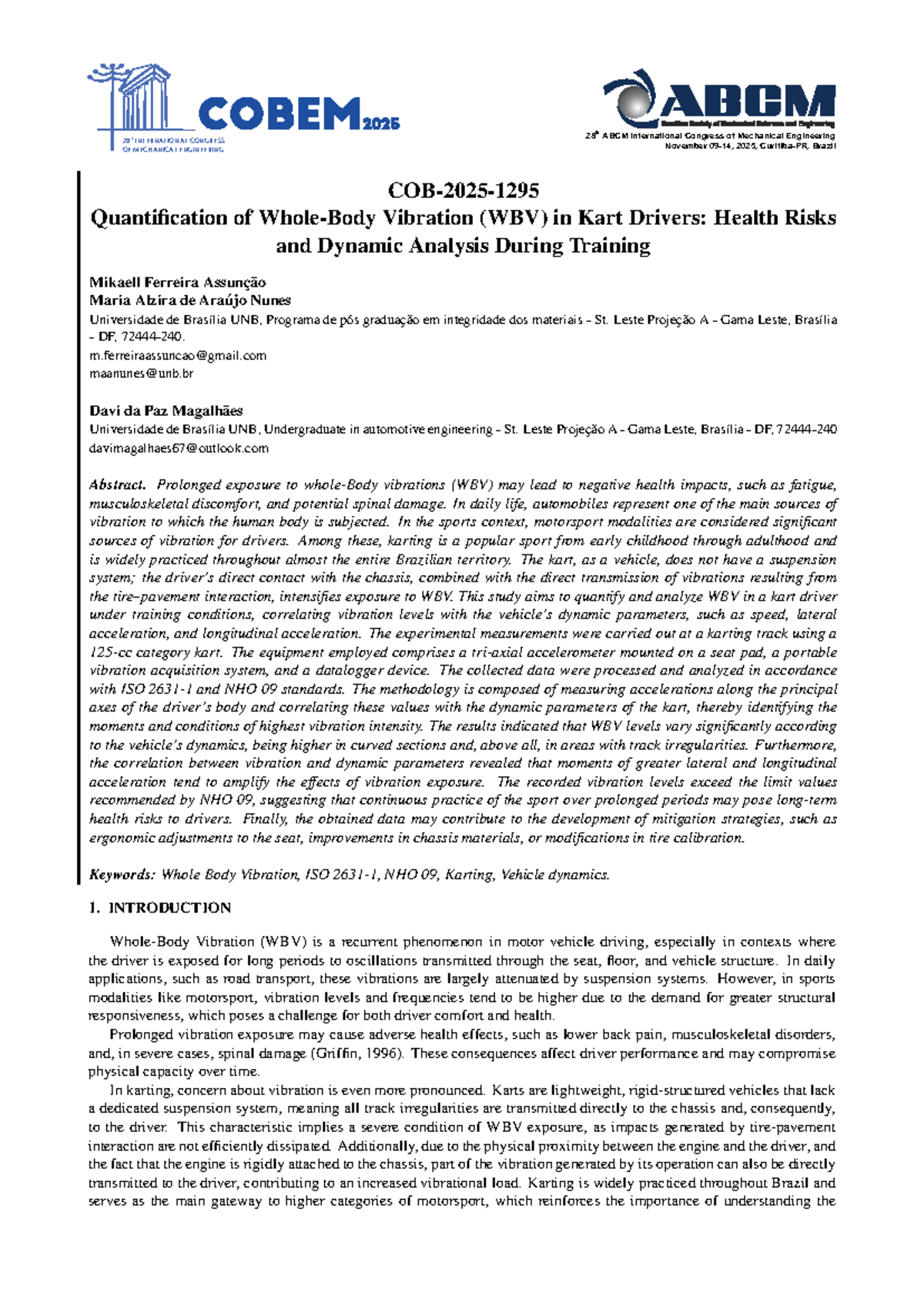 Quantification of Whole Body Vibration in Kart Drivers: COB 2025 - Studocu