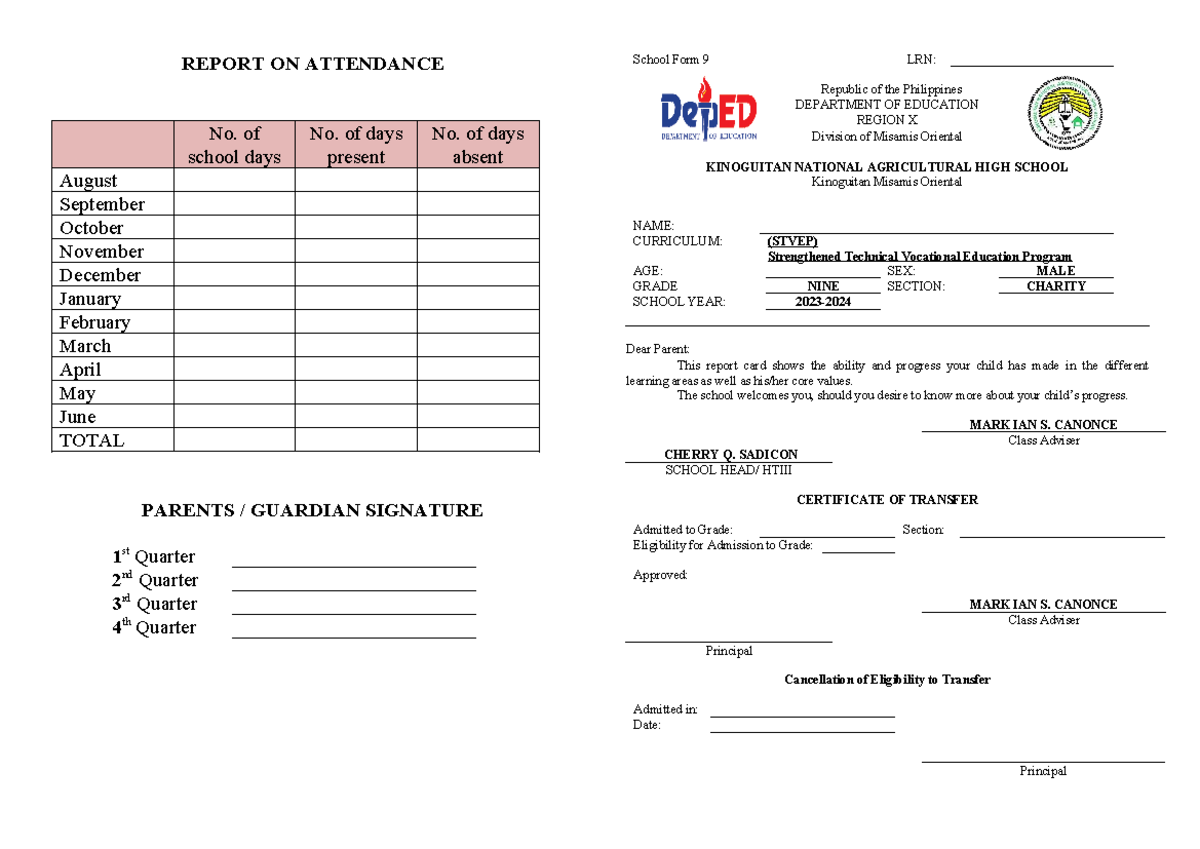 SF9- Grade 9 - Attendance report for school year 2023-2024 - Studocu