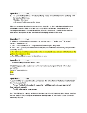 14g - Chapter 13 Assignment - EHR Go - HIE - Question 1 2 pts 1. The ...