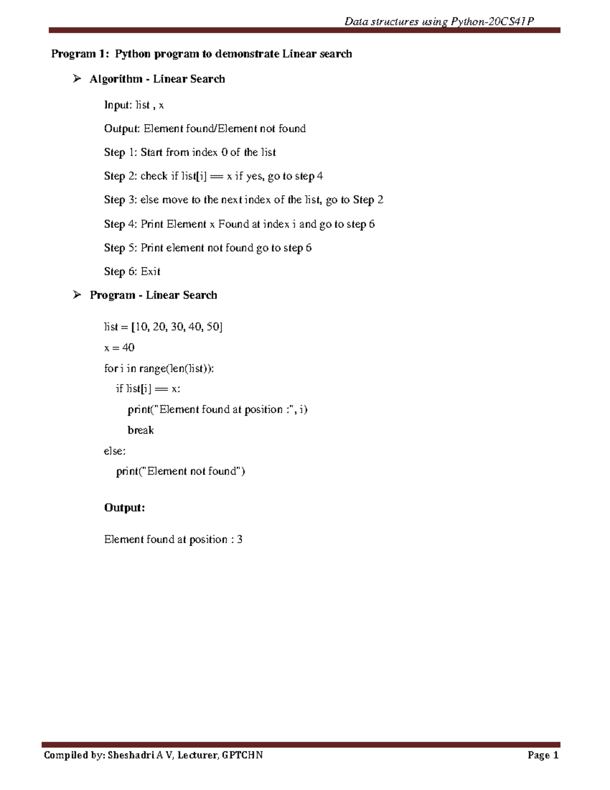 DSP LAB Manual 2022 - Programs - Program 1: Python program to demonstrate Linear search ...