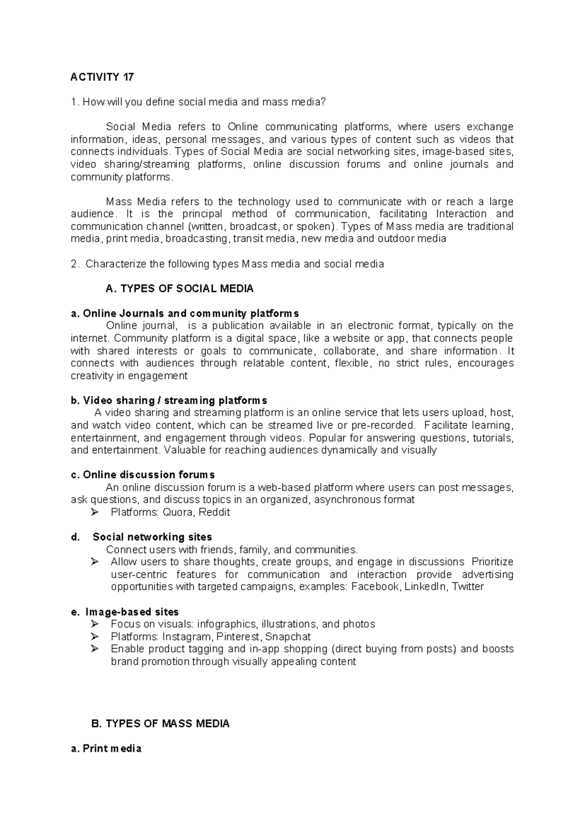 Activity 17: Defining Social Media & Mass Media Types - Studocu