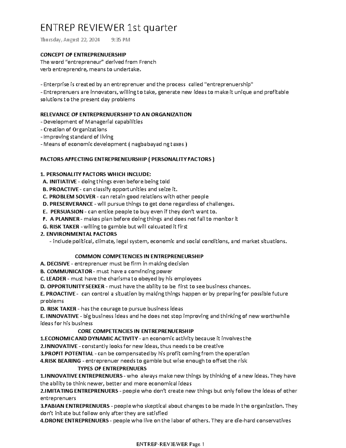 ENTREP 101: 1st Quarter Entrepreneurship Concepts Reviewer - Studocu