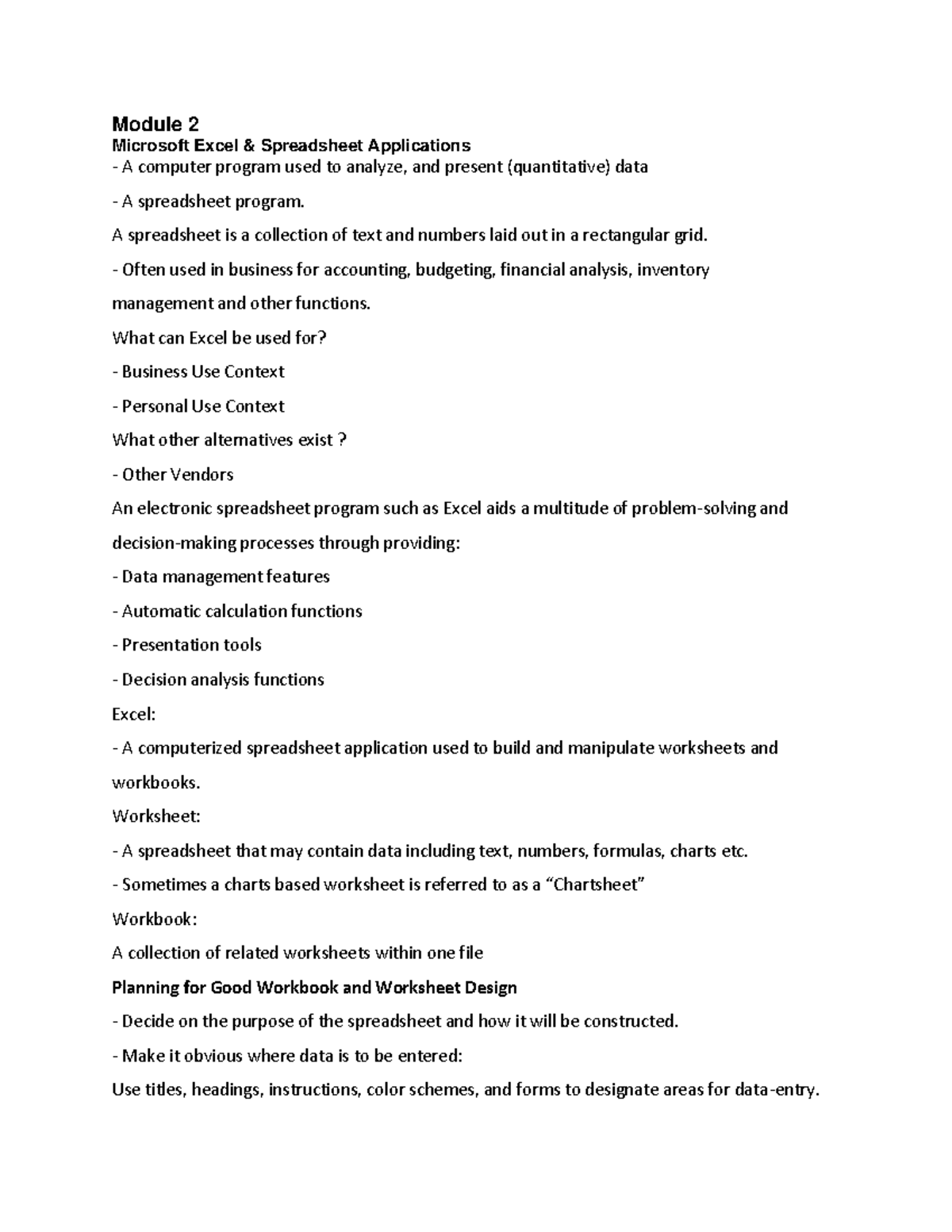 Module 2 - Microsoft Excel & Spreadsheet Applications Overview - Studocu