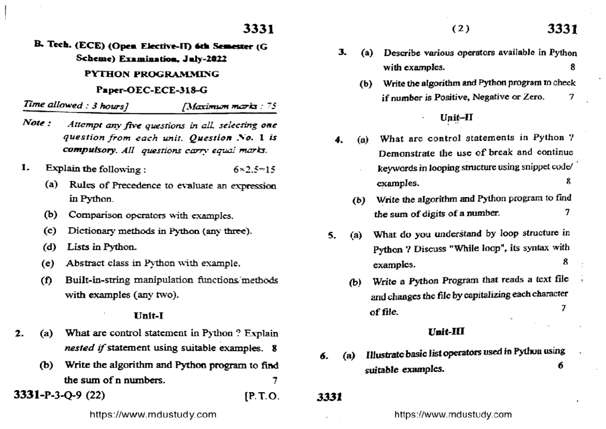 B. Tech. (ECE) 6th Sem Python Programming Exam Notes 3331 - Studocu