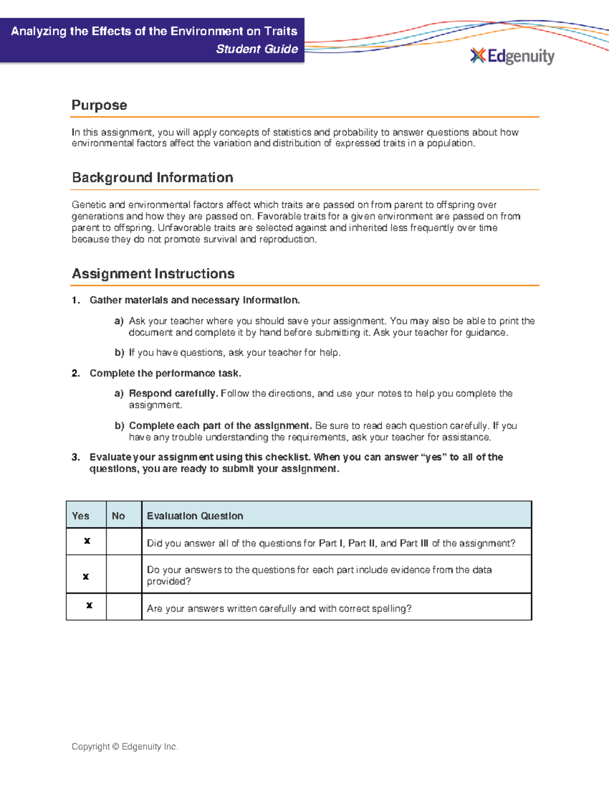 Performance Task - Analyzing Environmental Effects on Traits - Student ...