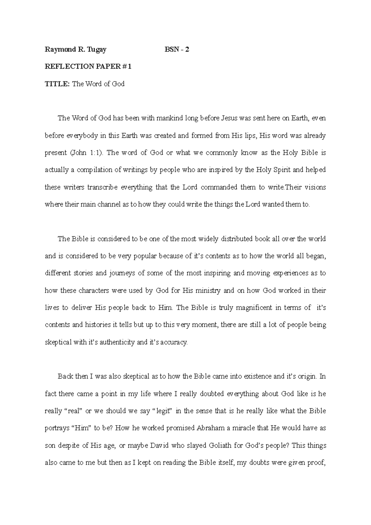 Bible - Reflection 1 - The Word of God - Raymond R. Tugay BSN - 2 ...