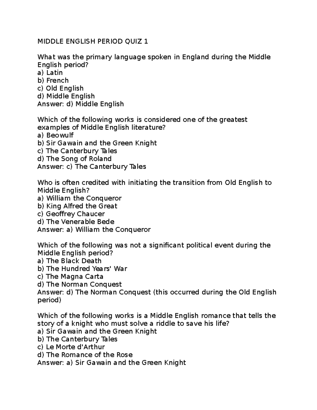 Middle English Period QUIZ 1 - MIDDLE ENGLISH PERIOD QUIZ 1 What was ...