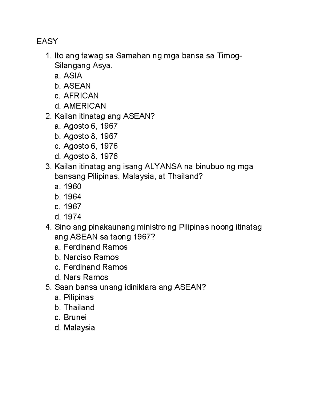 ASEAN QUIZ BEE: Easy to Average Questions and Answers - Studocu