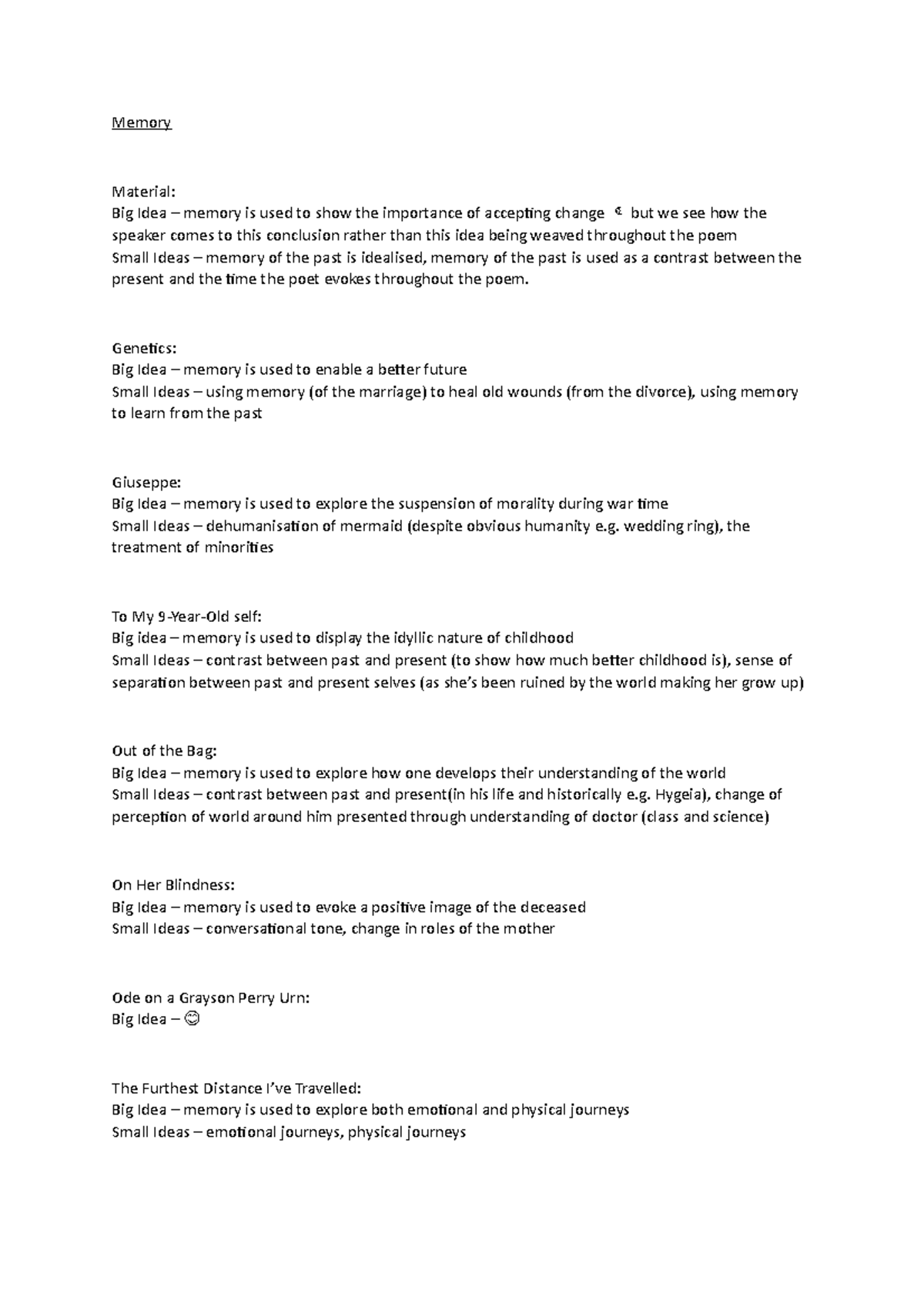 POD Revision Year 1 - Poetry Comparisons and Memory Themes Notes - Studocu