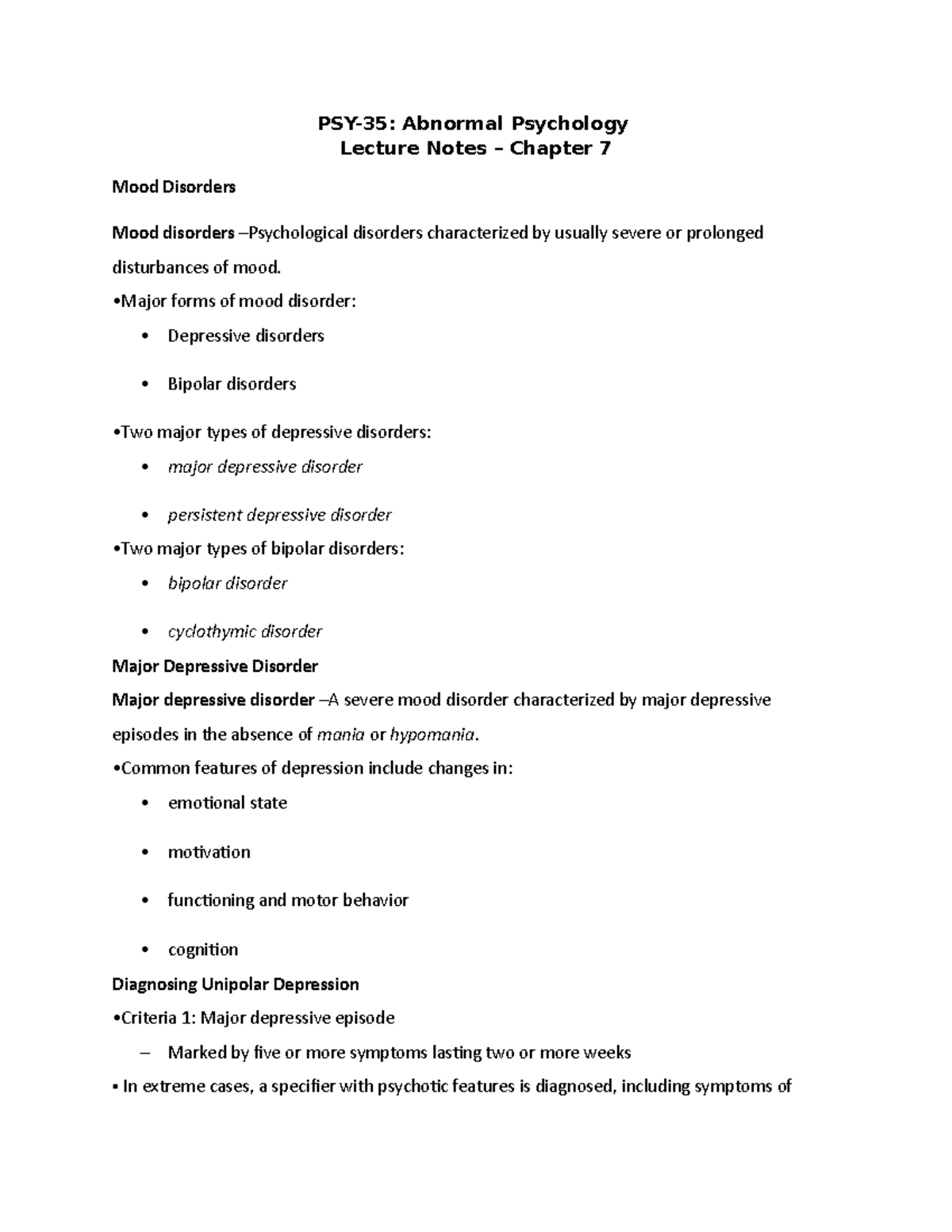 Chapter 7 Lecture Notes - Mood Disorders and Suicide - PSY-35: Abnormal ...