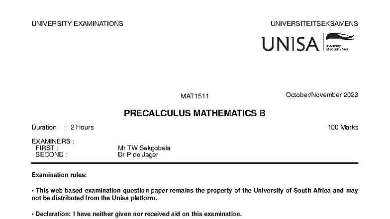 MAT1511 OCT/NOV 2023 PRECALCULUS MATH EXAMINATION PAPER - Studocu