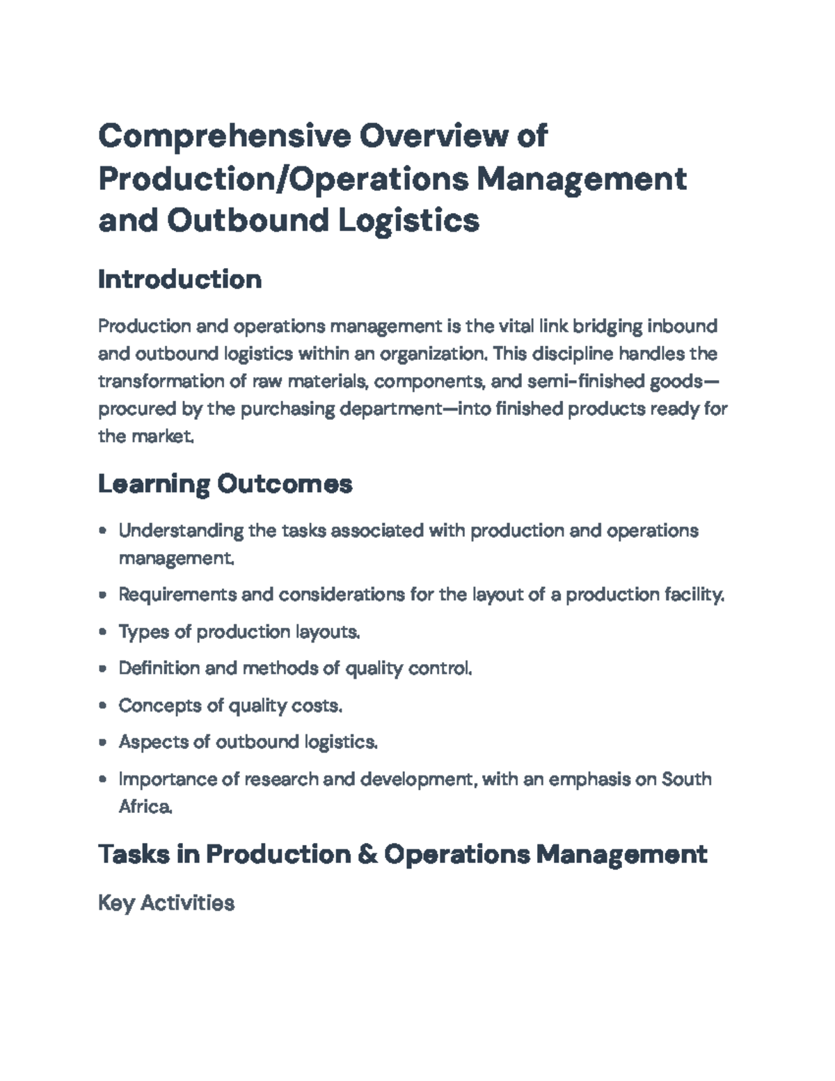 Comprehensive Overview of Production/Operations Management (Course Code ...