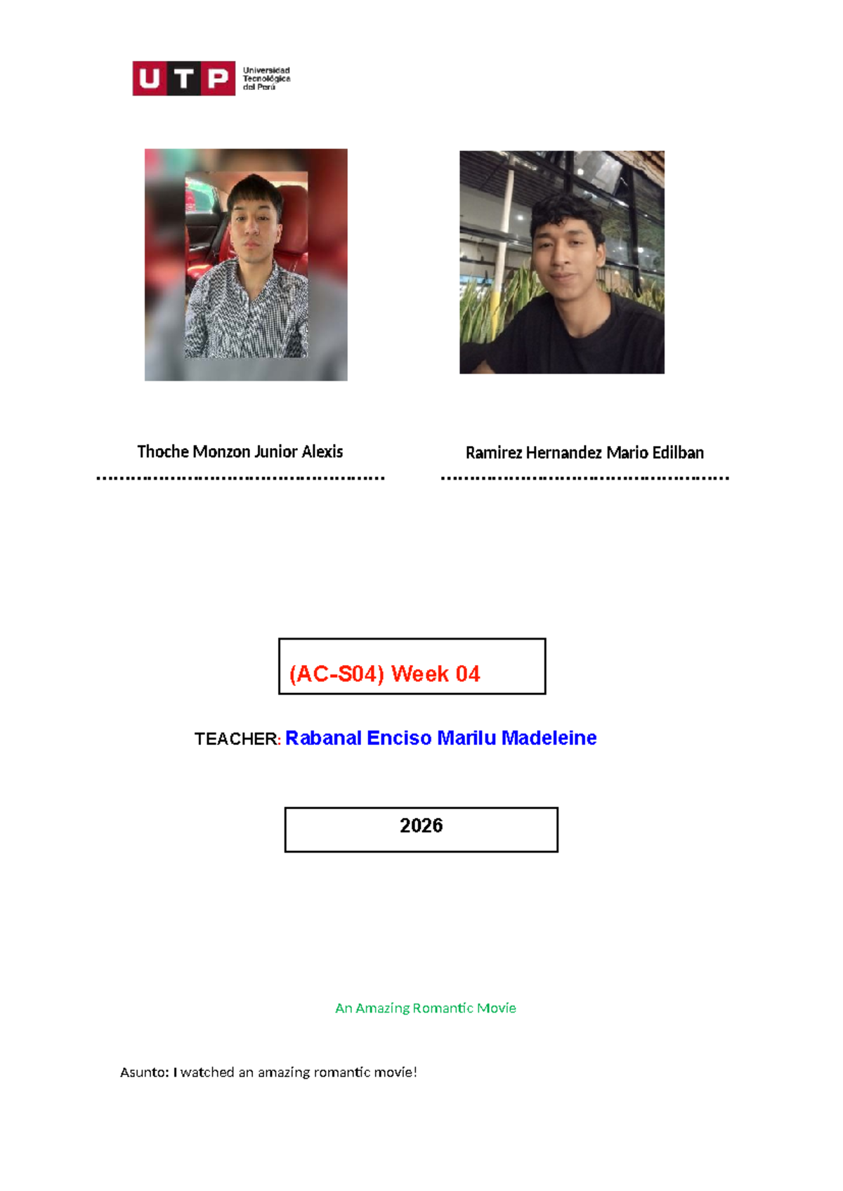 Week 04 Reflection on Romantic Movie - PA 1 - Studocu