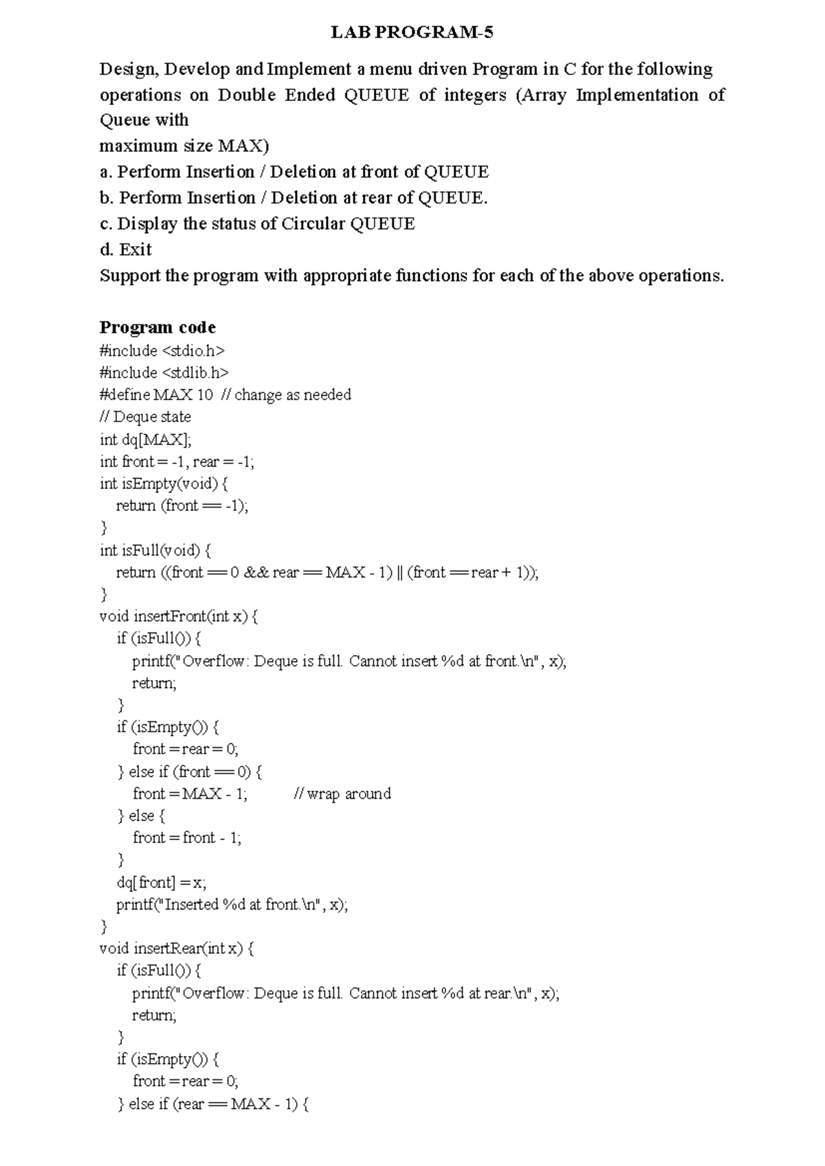 DSA LAB Program 5-1: Menu-Driven Double Ended Queue in C - Studocu