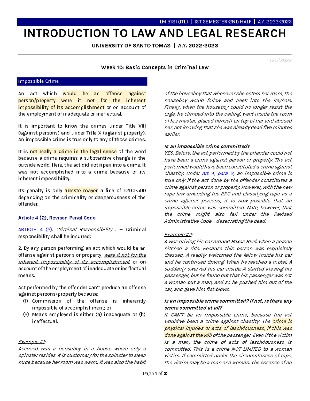 Criminal Law Reviewer - Topics: Impossible Crime, Inherent ...