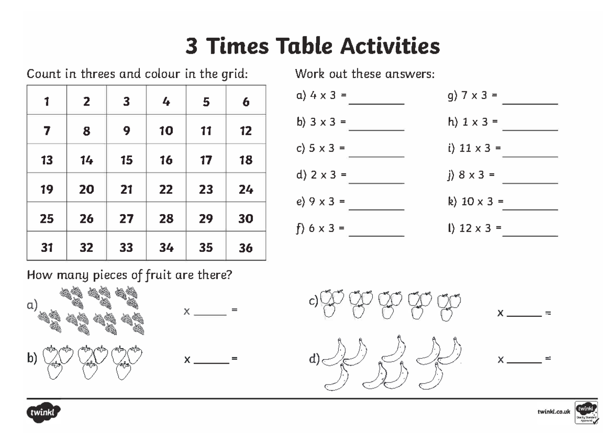 3 Times Table Activity Sheet: Count, Color, and Solve - Studocu