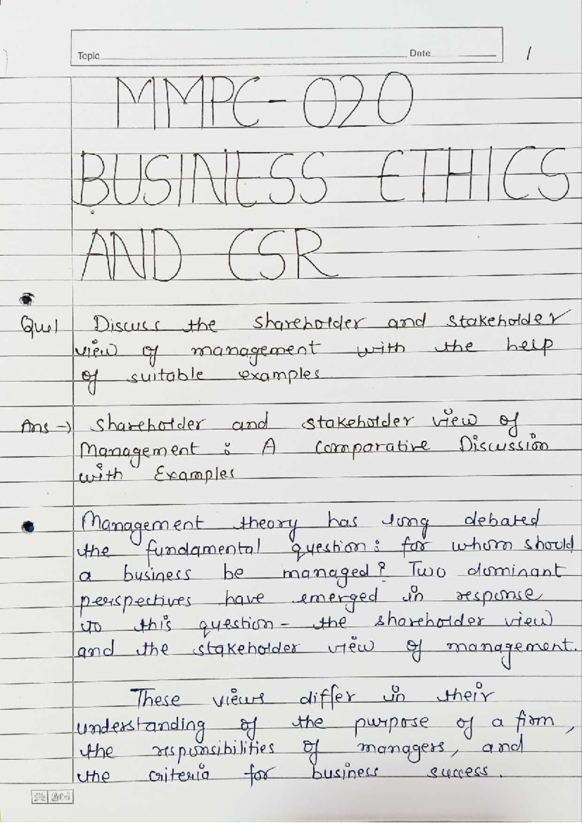 MMPC 20 EM HW 2026 - Business Ethics & CSR: Shareholder vs. Stakeholder ...