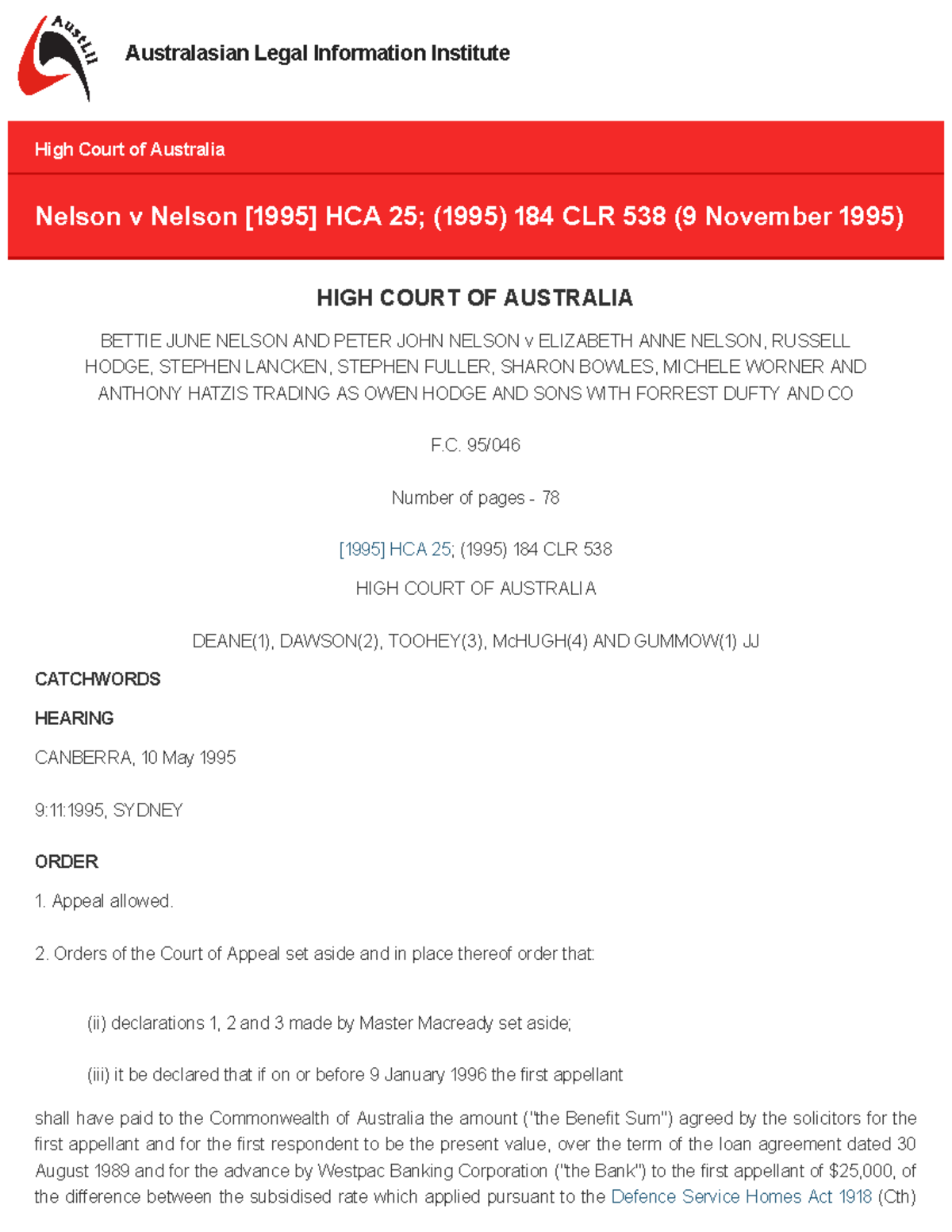 Nelson v Nelson Case Study Notes [HCA] - 184 CLR 538 - Studocu