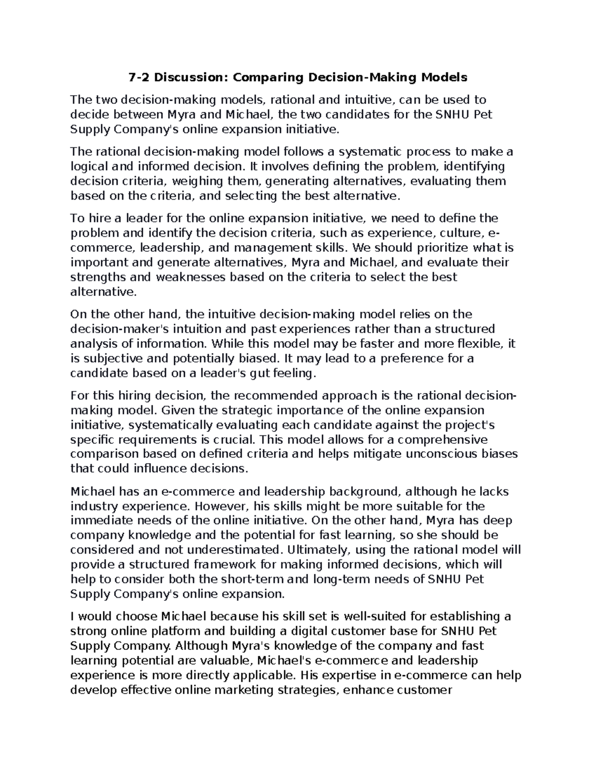 BUS 210 Module 7 Discussion: Decision-Making Models for Hiring - Studocu