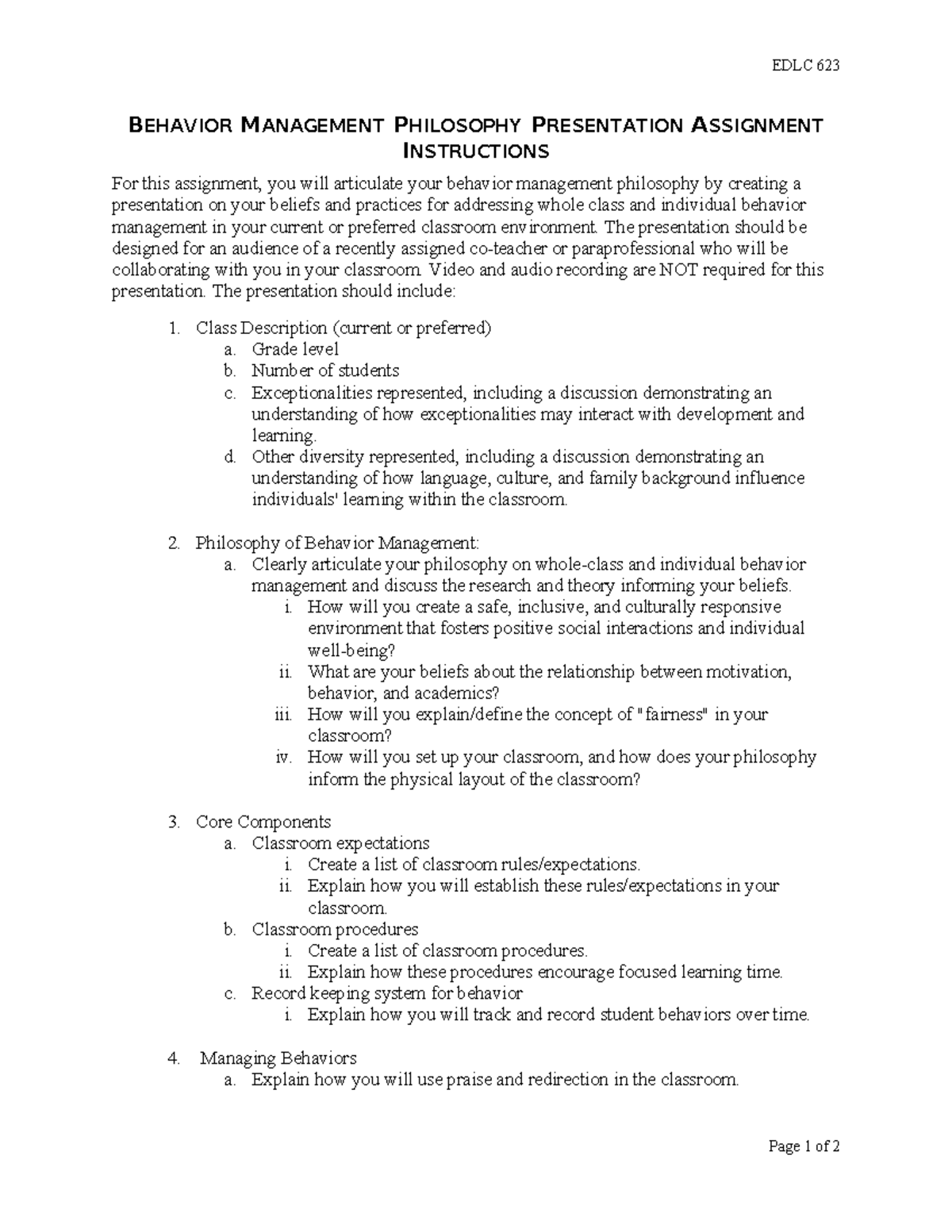 EDLC 623 Behavior Management Philosophy Presentation Guidelines - Studocu