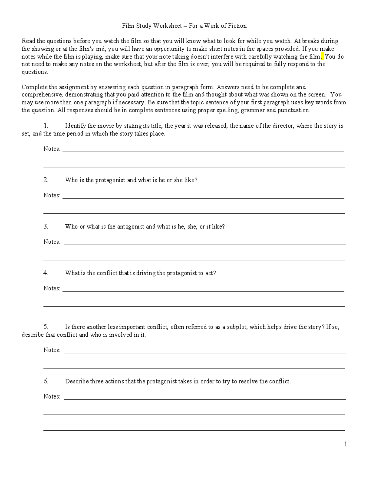 Film Study Worksheet for Fiction Analysis: Key Questions and Notes ...