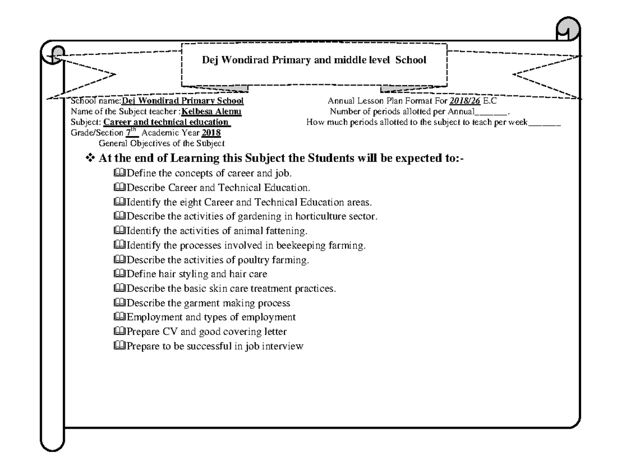 CTE Annual Lesson Plan for Grades 7 & 8 - 2018 - Studocu
