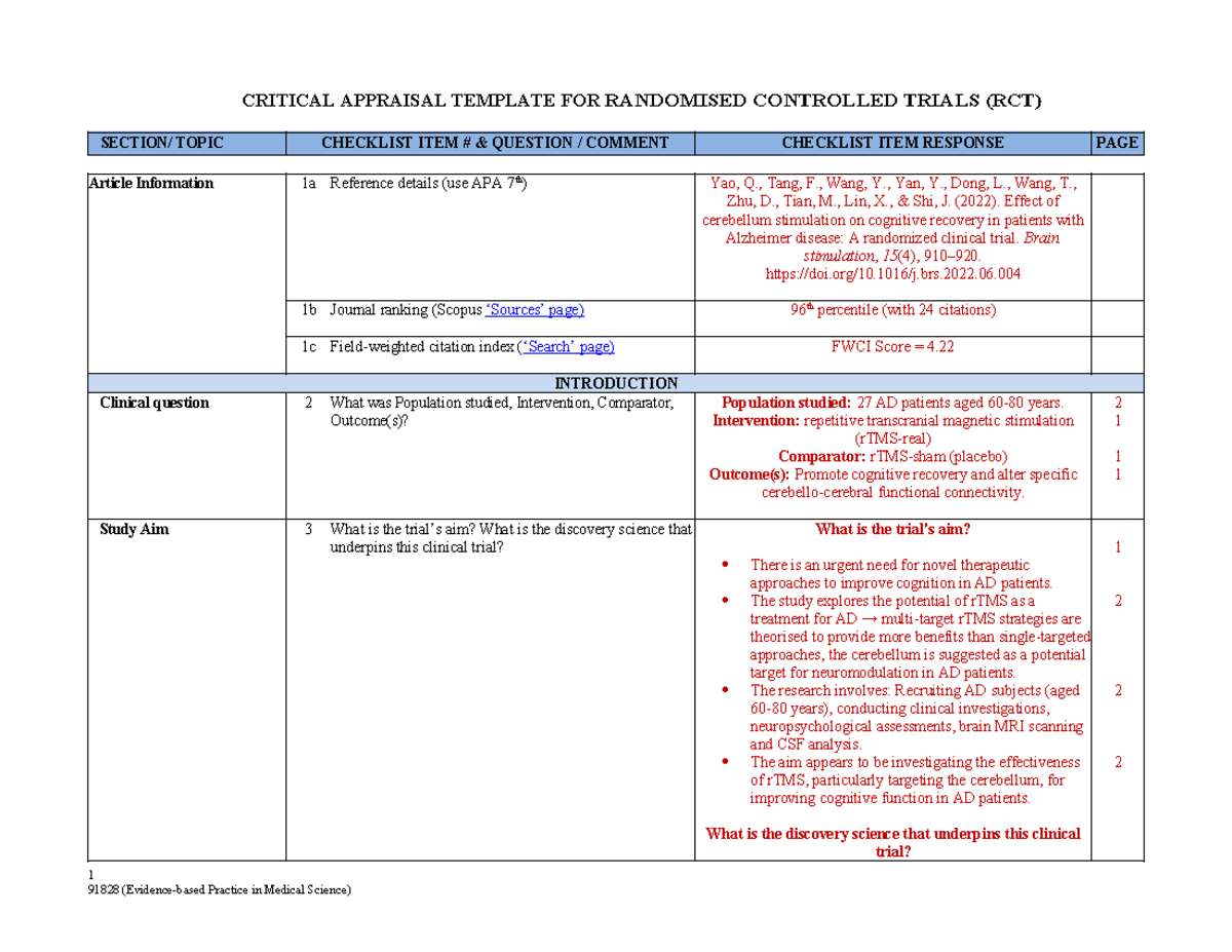 RCT appraisal template copy - CRITICAL APPRAISAL TEMPLATE FOR RANDOMISED CONTROLLED TRIALS (RCT ...