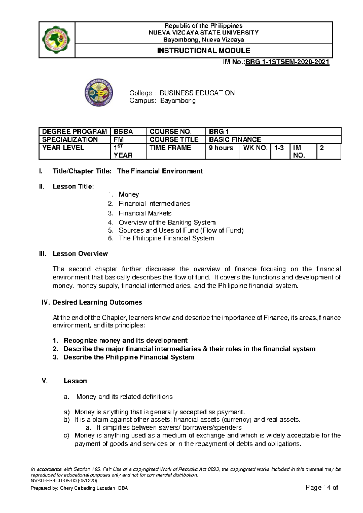 NUEVA VIZCAYA STATE UNIVERSITY: Basic Finance Module 2 Overview - Studocu