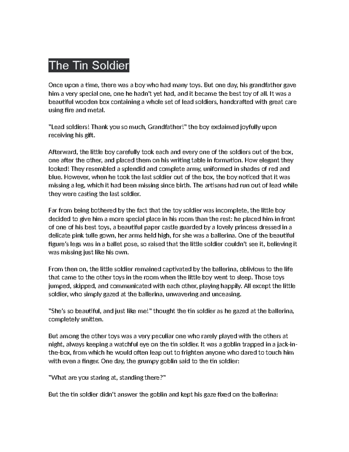 The Tin Soldier - English Story Analysis and Summary - Studocu