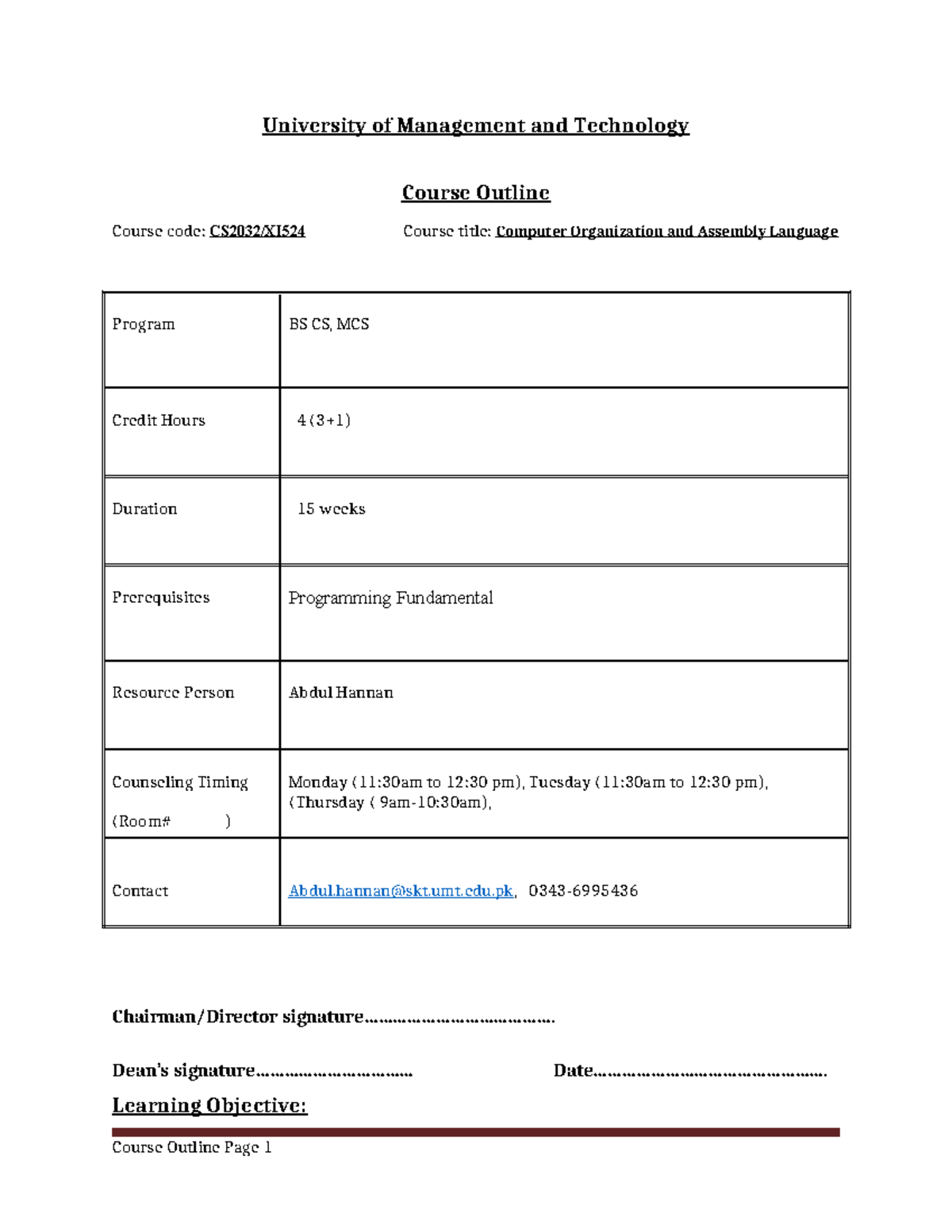 Computer Organization and Assembly Language Course Outline (BS CS, MCS ...