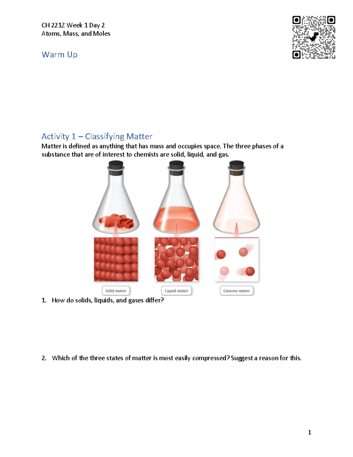 CH 221Z Week 1 Day 2 Atoms, Mass, and Moles Worksheet - Studocu