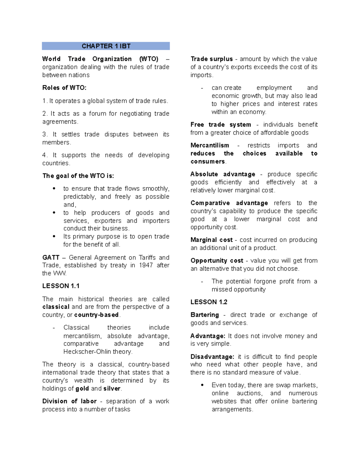 Chapter 1 & 2 IBT Notes: International Trade Theories & Concepts - Studocu