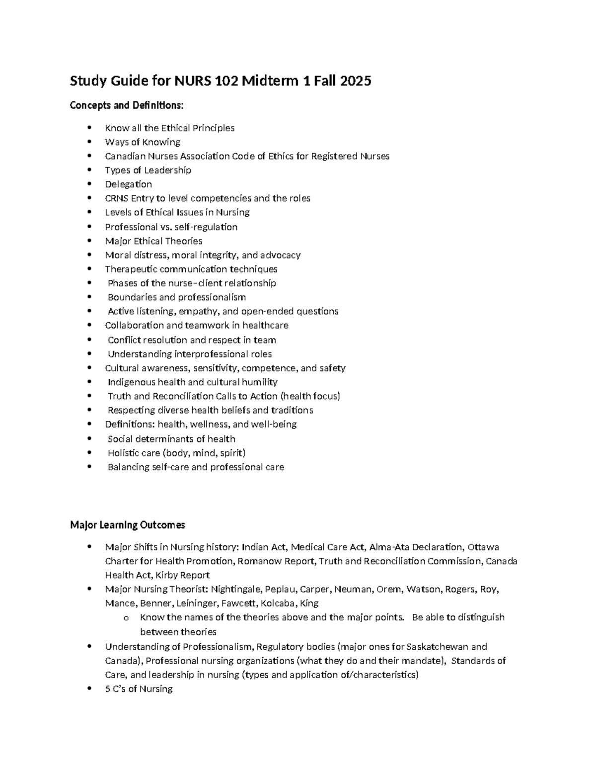 NURS 102 Midterm 1 Study Guide: Key Concepts & Ethical Principles - Studocu