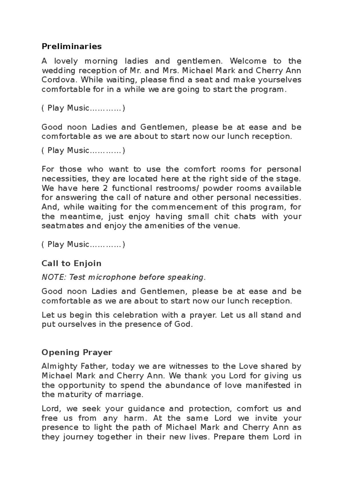 Church Wedding Script for Mr. and Mrs. Michael Mark & Cherry Ann ...